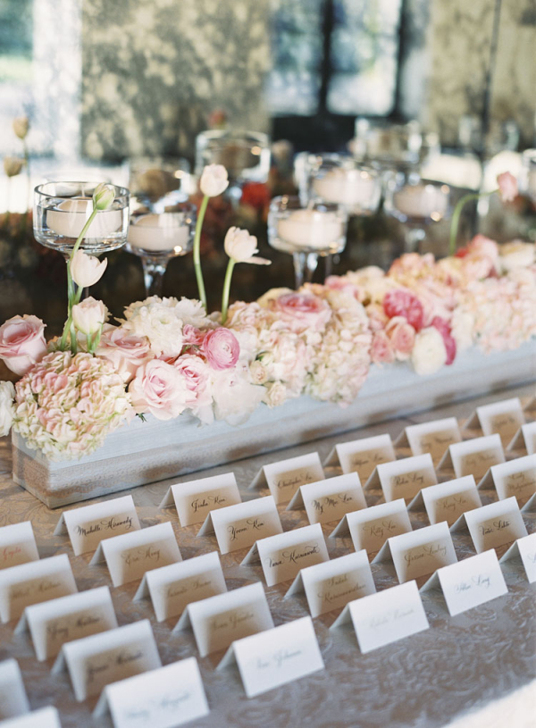 Place Card Table With Pink Floral Garland Elizabeth Anne Designs The